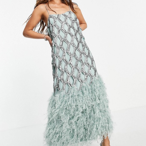 ASOS | Dresses | Asos Edition Geo Sequin Cut Work Midi Dress With Faux Feather Hem | Poshmark